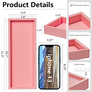 Bathroom Vanity Tray Bamboo Tray - for Counter Wood Small Bathroom Decorative Tray, Dresser Top Perfume Tray for Home Decoration 11.3” L x 4.4” W x 1.14” H （Pink）