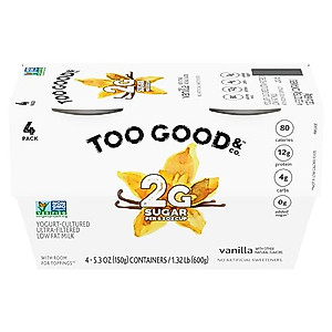 Two Good Low Fat Greek Yogurt, Vanilla, Lower Sugar, Gluten Free, With 2g of Sugar, 5.3 oz., 4 Pack