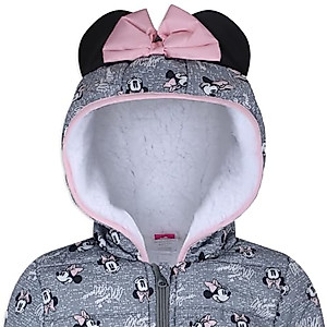 Disney Girl's Minnie Mouse Print Hooded Puffer Jacket with Ears and Pink Bow, Grey, Size 5