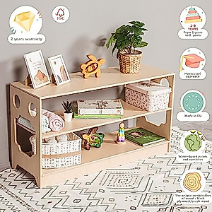 Woodandhearts Montessori 3 Tier Shelf - Low Open Shelf for Toddler - Wooden Floor Kids Organizer - Nursery Shelf for Storage (Natural wood, Low shelf "in order"))