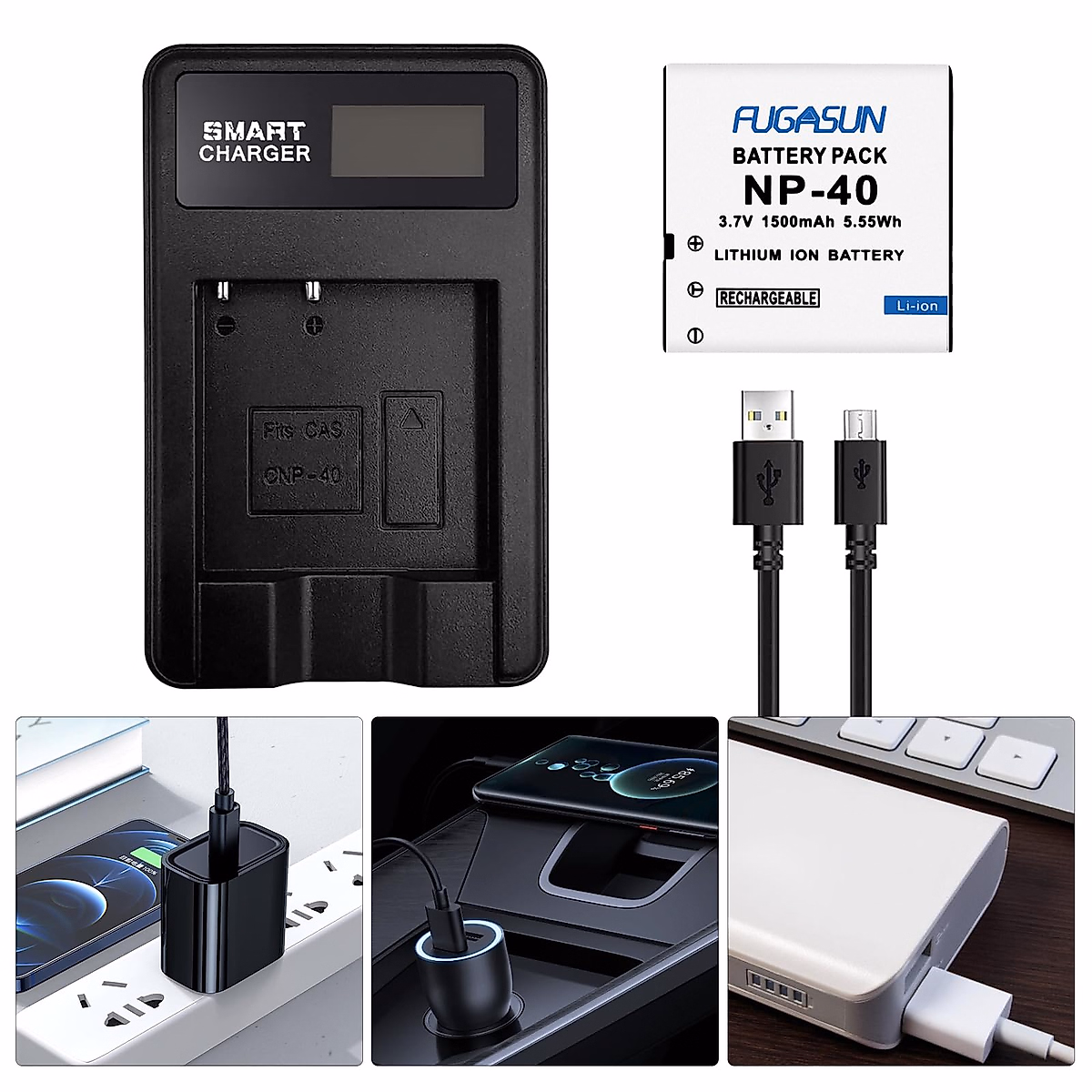 2 pcs 1500 mAh NP-40 Battery with LCD Single NP-40 NP40 Battery Charger for Casio NP-40, Exilim EX-Z600, Z700, Z750, Z1000, Z1050, Z1080