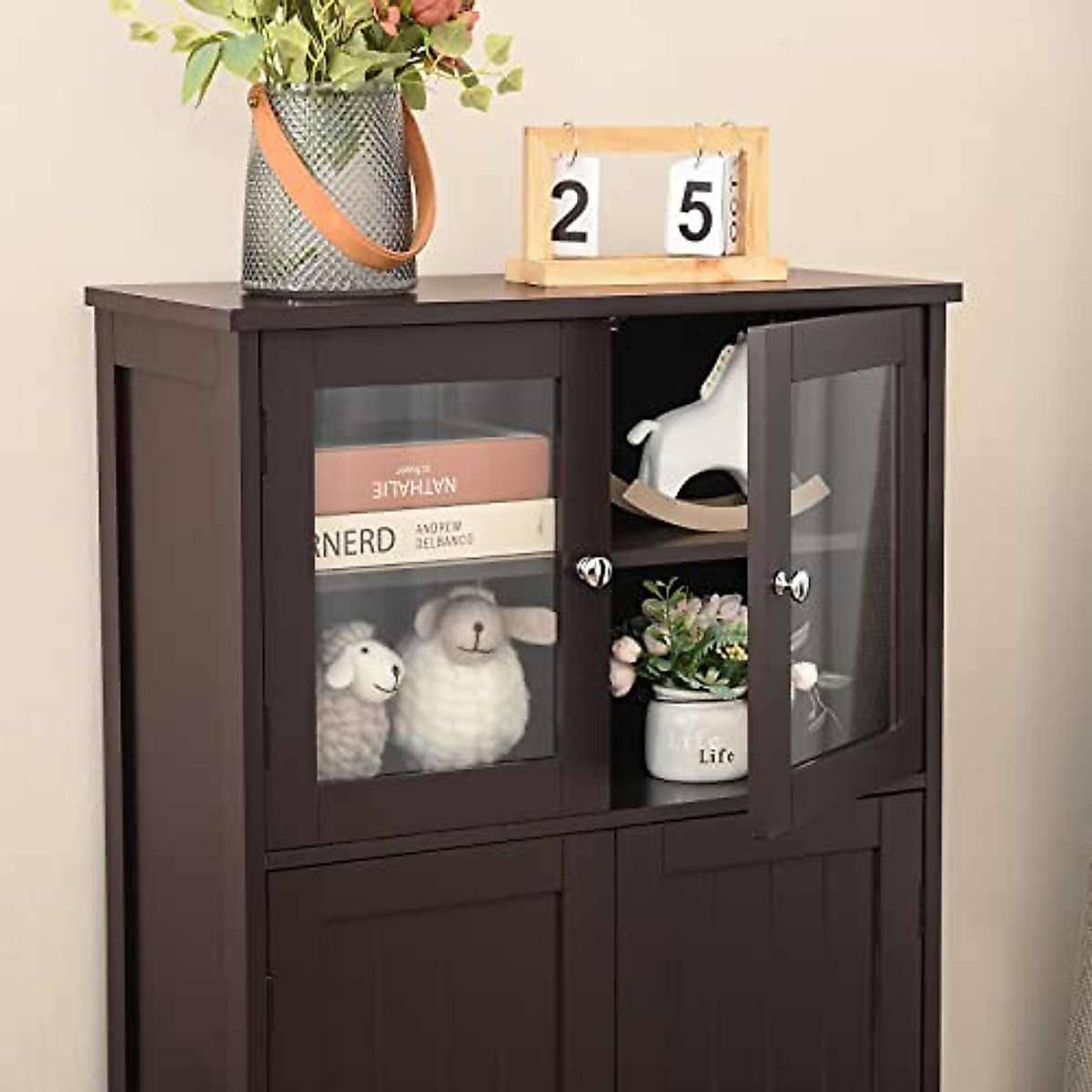 Iwell Bathroom Storage Cabinet, Linen Cabinet with Glass Doors & Adjustable Shelf, Freestanding Storage Organizer for Living Room, Home Office, Bathroom, Brown