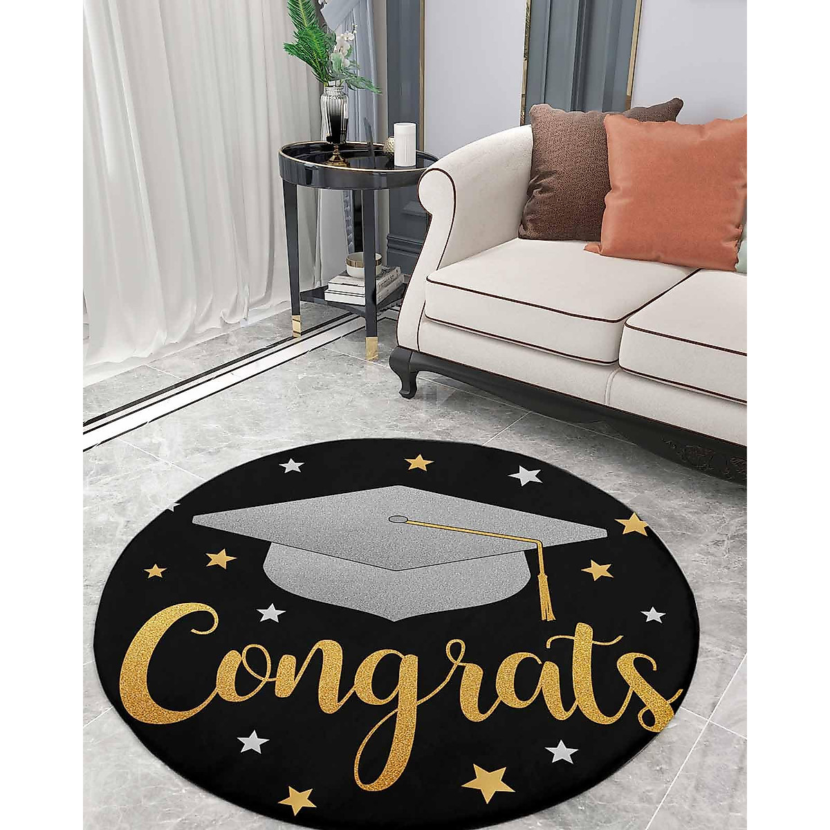 Graduation Cap Fluffy Round Area Rug Carpets 3ft, Plush Shaggy Carpet Soft Circular Rugs, Non-Slip Fuzzy Accent Floor Mat for Living Room Bedroom Nursery Home Decor Star Black Gold Grey