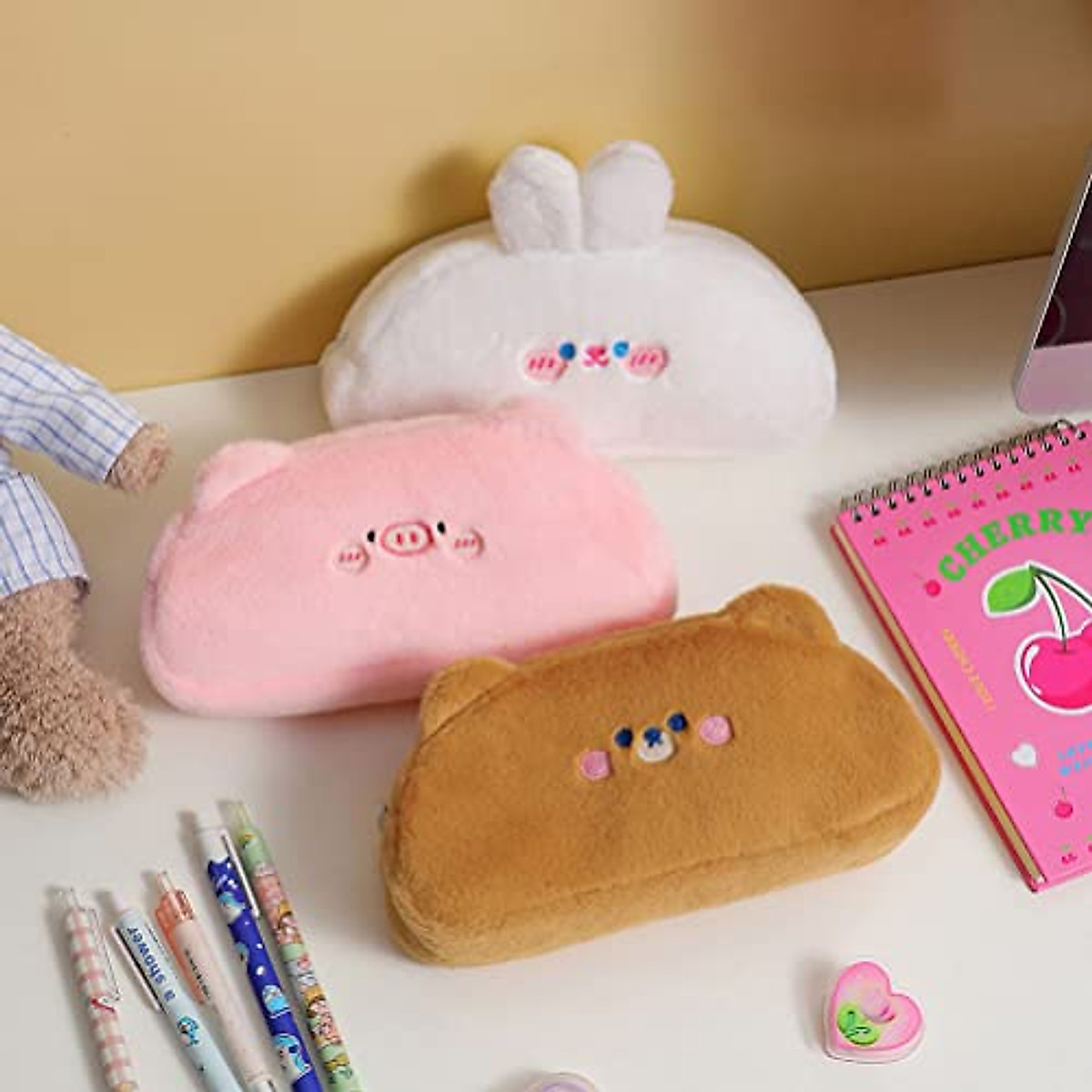 Operitacx Plush Pig Pencil Case: Cute Cartoon Animal Stationery Pen Pouch Travel Cosmetic Makeup Brushed Bag Organizer with Zipper for Teen Girls School Students