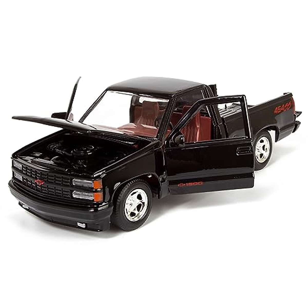 All Star Toys 1992 Chevy 454SS Pickup Truck 1/24 Scale Diecast Model Car Black with Red Interior Motormax 73203 Exclusive Edition