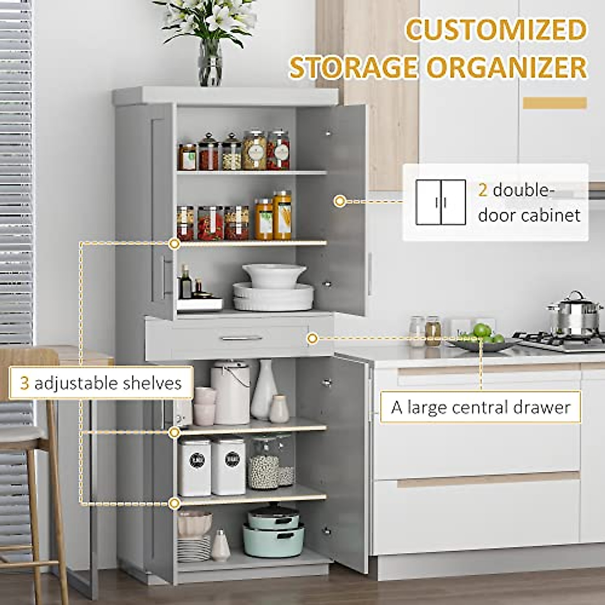 HOMCOM Modern Kitchen Pantry Freestanding Cabinet Cupboard with Doors and Drawer, Adjustable Shelving, Grey