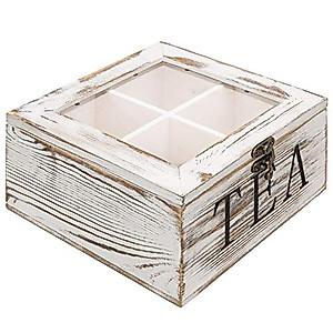 MyGift Shabby Whitewashed Solid Wood Tea Box Organizer with 4 Compartments, Teabag Storage Chest with Clear Acrylic Lid and Latch