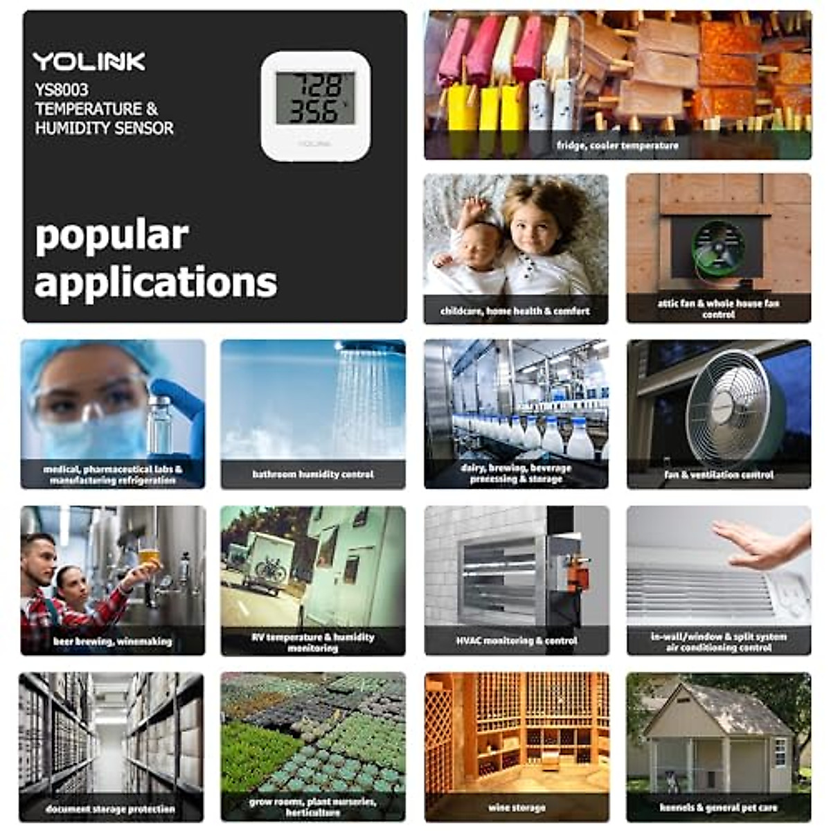 YoLink Smart Wireless Temperature & Humidity Sensor, Wide Temp Range for Freezer, Fridge, Green House, Pet Cage, App Alerts, Emails, Text/SMS alerts- Hub Required