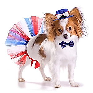 Vehomy 4th of July Pet Costume Dog American Flag Hairpin Hat Bowtie Collar and Tutu Skirt - Independence Day Pet Dog Patriotic Costume for Small Medium Dogs Cats Puppy 3Pcs