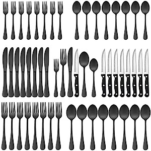 Black Silverware Set with Steak Knives, 48-Piece HaWare Stainless Steel Flatware Cutlery Set for 8, Fancy Eating Utensils Set For Home Restaurant Hotel, Include Knives, Forks, Spoons, Dishwasher Safe