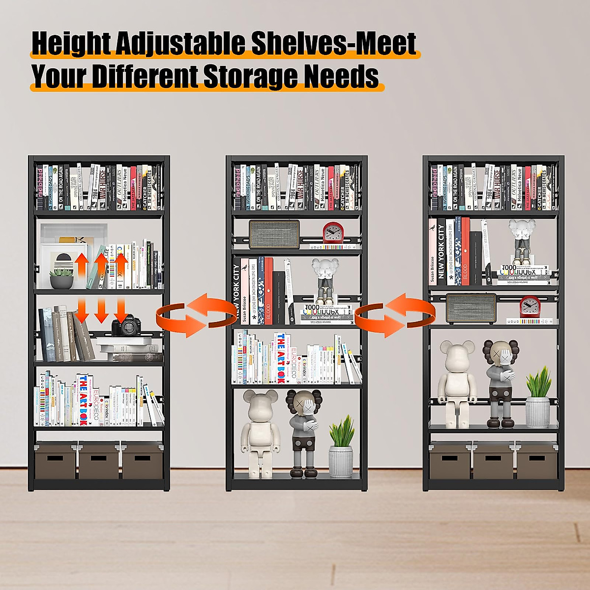 5 Tiers Bookshelf Tall Bookcase Shelf Storage Organizer Book Rack Utility Shelf Metal Shelf Adjustable Garage Shelving Organizer Rack for Kitchen Laundry Garage Bathroom Pantry Office 68" H*28"W*13"D