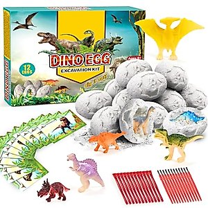 Dino Eggs Dig Kit, 12 Pack Dinosaur Eggs Excavation Set, Easter Gift Dinosaur Toys Science Experiments Kits with 12 Cards, Easter Basket Stuffers Toys for 3 4 5 6 7 8 9 10 11 Year Old Boys Girl