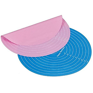 2PCS Silicone Baking Mat with Measurements, Non‑Stick Round Silicone Dough Rolling Mat Baking Pastry Pad Sheet Liner for Cake Turntable Stand (Pink and Blue)