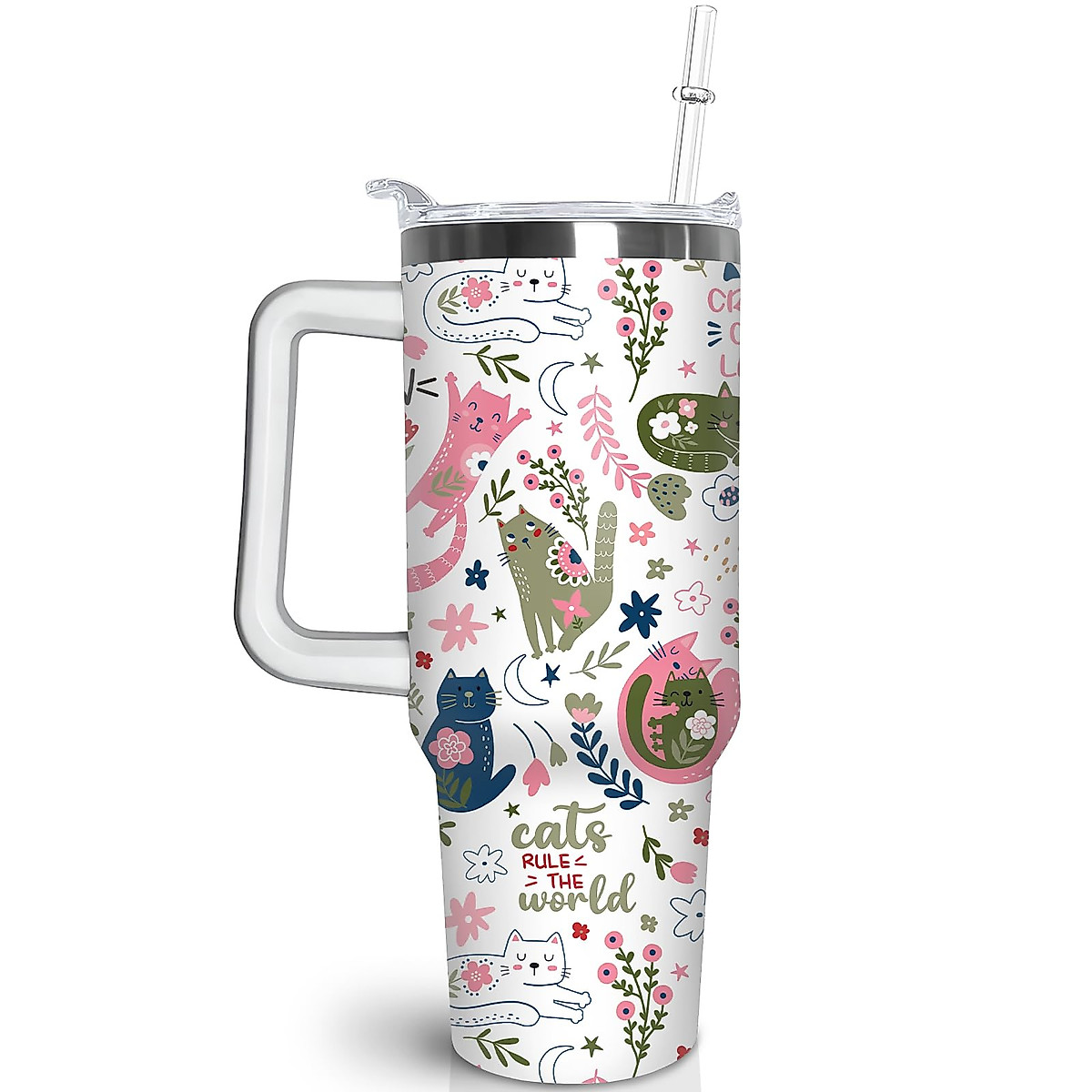 30 oz Cat Tumbler with Handle and Straw, Cute Cartoon Stainless Steel Vacuum Insulated Travel Coffee Mug Cup Water Bottle, Cat Stuff Accessories Decor, Cat Lover Gifts for Women Girls