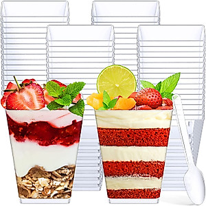 WAIZHIUA 50Pcs Plastic Dessert Cups, 5.4OZ Mini Square Dessert Cups Clear Parfait Appetizer Cup Reusable Multiuse for Desserts Pudding Mousse Christmas Party Supplies(with 50Pcs Spoons)