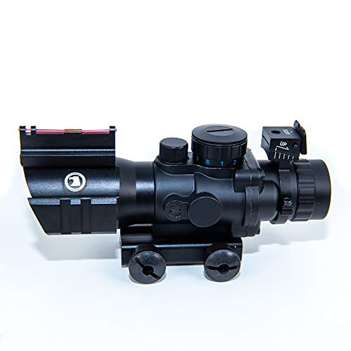 Osprey Global 4X32MDG : 4X 32 Compact Tactical Scope with 3 Color (Red Green or Blue) MIL-Dot Sight and Naturally Illuminated Fiber Optic Iron Sight