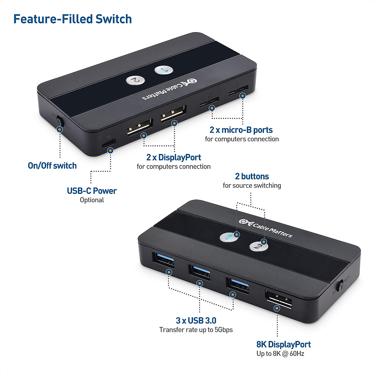 Cable Matters USB 3.0 KVM Switch DisplayPort 1.4 for 2 Computers with 8K@60Hz / 4K@240Hz Display Port Video & 3X 5Gbps USB Ports, FreeSync, G-SYNC and HDR Support - RF Remote Control Switch