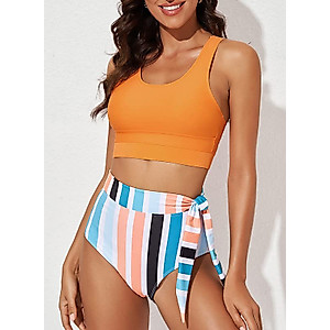 Dokotoo High Waisted Bikini Sets for Women 2024 Beach Scoop Neck Sleeveless Racerback Striped Print Trendy Swimsuit Sexy High Cut Tummy Control Bathing Suit Orange Large