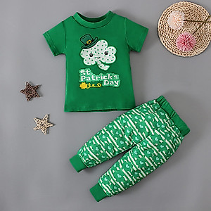 Toddler Girl St Patricks Day Outfits Shamrock Saint Patrick's Day Ruffle Dress Top T-Shirt+Clover Flared Pants Clothes Set (St Patrick, 3-4T)