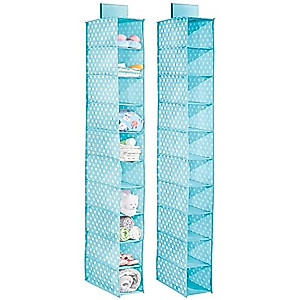 mDesign Soft Fabric Over Closet Rod Hanging Storage Organizer with 10 Shelves for Child/Kids Room or Nursery - Polka Dot Print - 2 Pack - Turquoise Blue with White Dots
