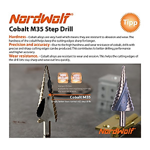 NordWolf M35 Cobalt SAE Step Drill Bit, Spiral Groove Double Flute Multiple Hole Unibit for Stainless Steel & Metal Sheet, 13 Imperial Step Sizes 3/16" to 1-3/8"