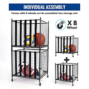 Mythinglogic Rolling Sports Ball Storage Cart, Sports Lockable Ball Storage Locker with Elastic Straps, Stackable Ball Cage for Garage Storage Garage Organizer (2 Sets)