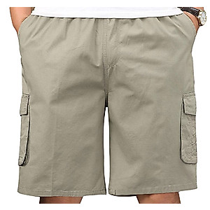 YangguTown Men's Cotton Lightweight Loose Fit Cargo Shorts Full Twill Elastic Waist Drawstring Shorts Khaki 36