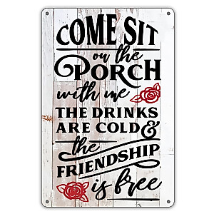 QIONGQI Funny Porch Quote Metal Tin Sign Wall Art Décor Porch Rules Wooden Style Come Sit on The Porch Sign for Home Decor Gifts
