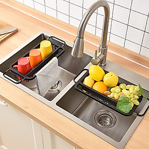 TOOLF Expandable Sink Caddy, Sink Drying Rack with Dish Towel Bar, Over The Sink Adjustable Sink Organizer for Kitchen, Rustproof Sponge Holder Organizer