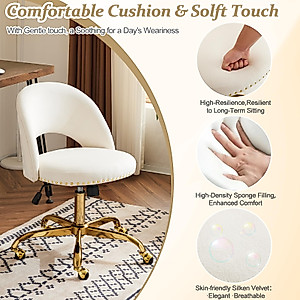 VINGLI Modern Velvet Small Office Chair,Cute Desk Chair with Wheels,Gold Base/Studs, Comfy Armless Swivel Vanity Task Chair for Women/Girl/Kids, Nail Tech Chair for Bedroom,Small Space,White