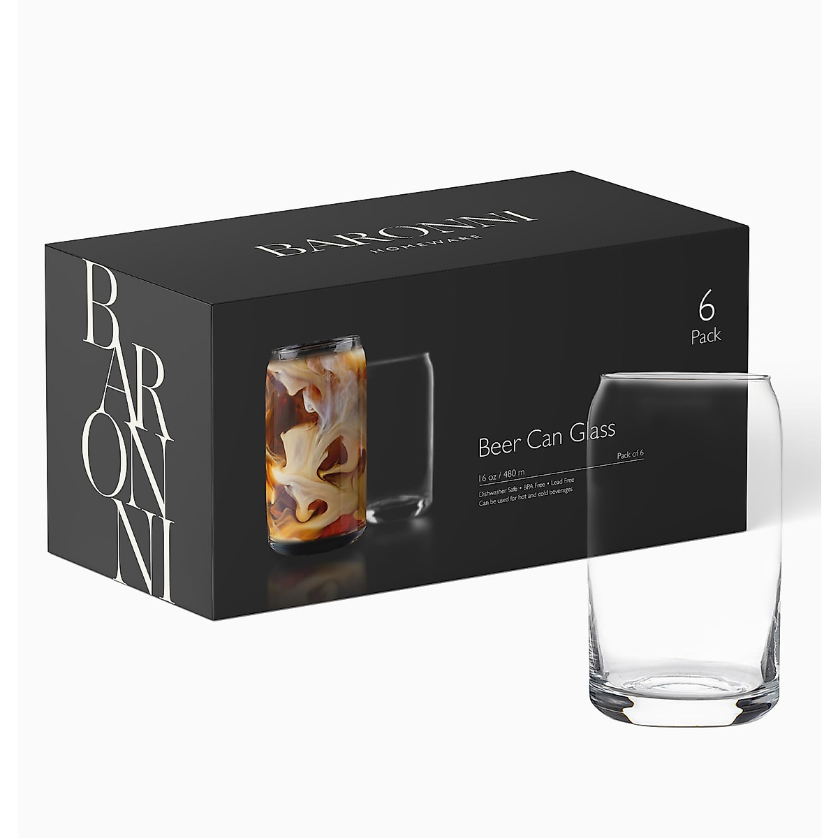 BARONNI Can Shaped Drinking Glasses for Iced Coffee & Tea - 16oz Clear Tumbler Drinkware - Set of 6 Cups for Soda, Water, Whiskey, Beer and Cocktails