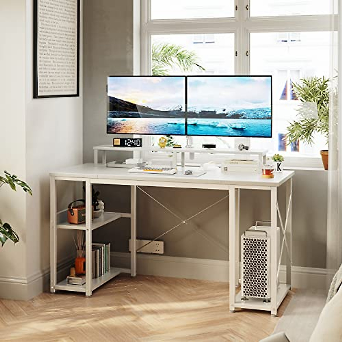 ODK 48 inch Computer Desk with Monitor Shelf and Storage Shelves, Gaming Desk, Study Table with CPU Stand & Reversible Shelves, White