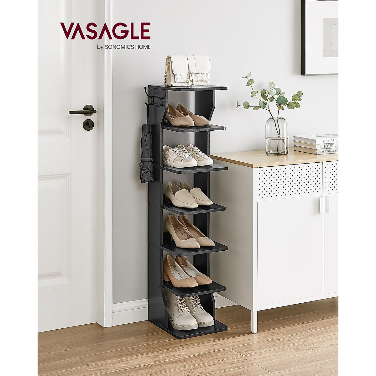 VASAGLE 7 Tier Vertical Shoe Rack, Narrow Shoe Storage Organizer with Hooks, Slim Wooden Corner Shoe Tower Rack, Robust and Durable, Space Saving for Entryway and Bedroom, Black ULBS200T16