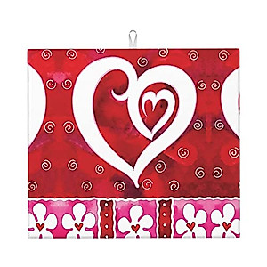Heart & Flowers Printed Drying Mat For Kitchen Ultra Absorbent Microfiber Dishes Drainer Mats Non-Slip Silicone Quick Dry Pad - 18 X 16inch