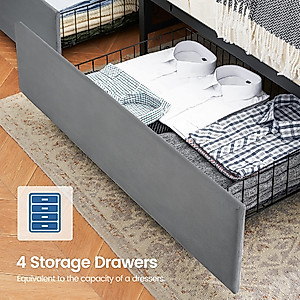 IDEALHOUSE Queen Bed Frame with 4 Storage Drawers and Charging Station, Grey Upholstered Bed Frame with Storage Headboard, No Box Spring Needed, Noise-Free