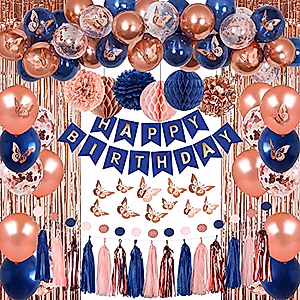 Rose Gold and Navy Blue Birthday Party Decorations for Women with Happy Birthday Banner,Curtains, Butterfly Wall,Circle Dots Garland,Tissue Pompoms,Paper Tassels Garland Birthday for Her