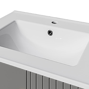 SSLine Free Standing 24-Inch Bathroom Vanity with Ceramic Sink Modern Small Bathroom Vanity with Top Basin and Storage Cabinet Floor Stand Wood Bath Vanity w/Gold Handles for Small Space(Grey)