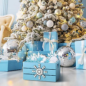 Soaoo Christmas Tiered Tray Decor Snowball Mini Wood Crate Snowflake Set Winter Table Centerpiece Decorations Handmade Xmas Wooden Sign Winter Wooden Basket with Handles for Home Party