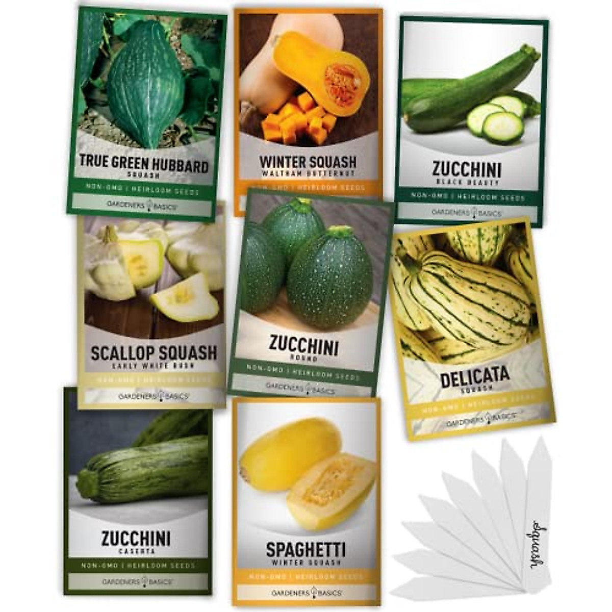 8 Squash Seeds for Planting Individual Packets - Zucchini, Delicata, Butternut, Spaghetti, Scallop, Caserta, Round and Hubbard for Your Non GMO Heirloom Vegetable Garden by Gardeners Basics