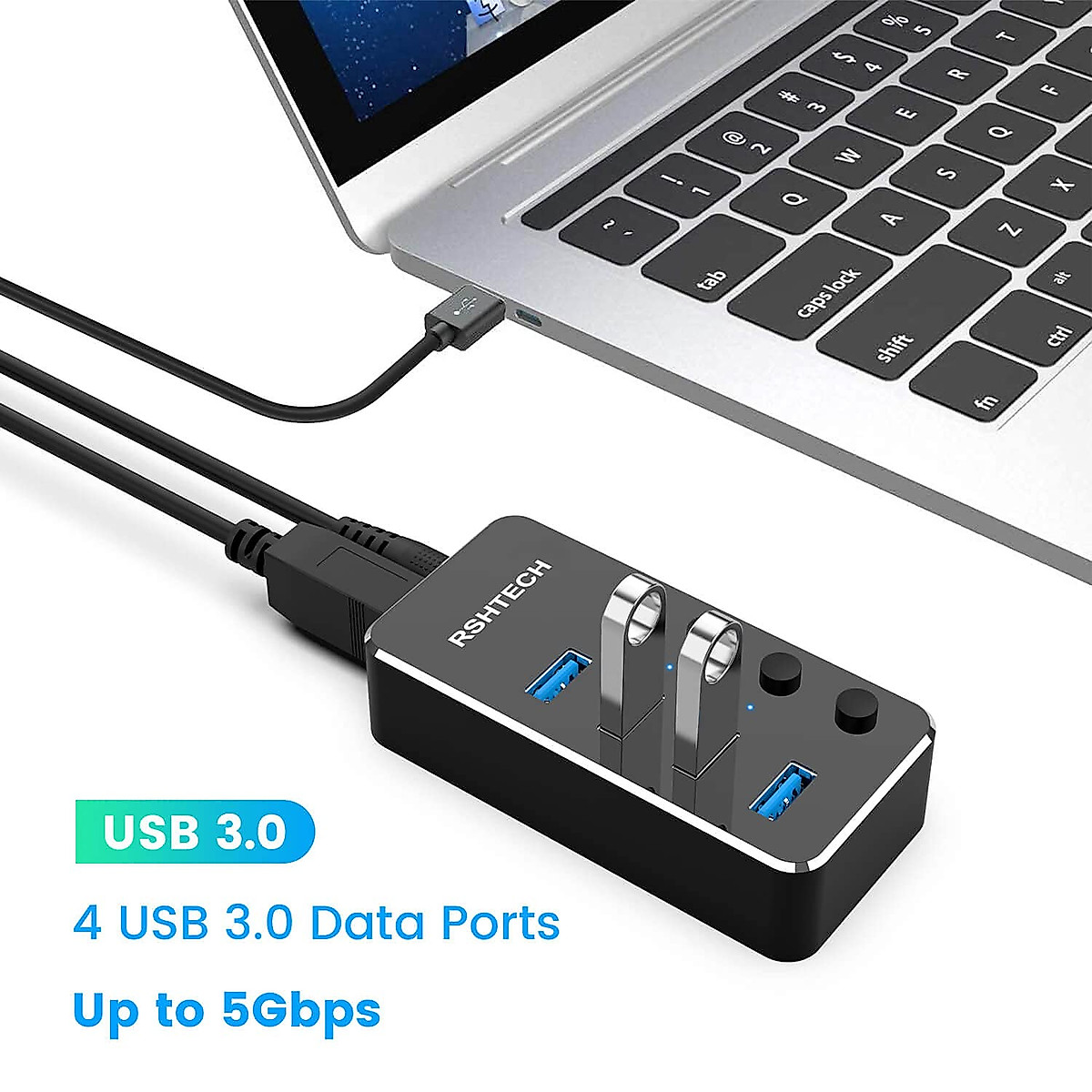 Powered USB hub RSHTECH 4 Port USB C to USB 3.0 Port Hub Expander Aluminum Portable USB 3.0 hub Splitter with 5V AC Adapter and Individual On/Off Switches (RSH-516-C)