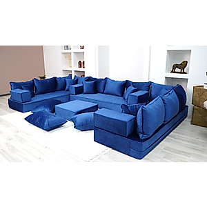8" Thickness Royal Blue U Shaped Floor Seating Sofas, Sofa Bed Couch, Luxury Velvet Sofas, Moroccan Home Decor Livingroom Sofas, Arabic Seating Sofa (U Sofa + Ottoman + Pillows)