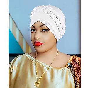 African Women Turban Caps Beanie Twist Headscarf Pre Tied Double Braid Headwrap Hat (White)