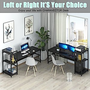 CharaVector Tower Computer Desk 60 inch with 4 Tier Storage Shelves ，Modern Writing Desk with Bookshelf PC Desk Study Writing Table for Home Office，Black