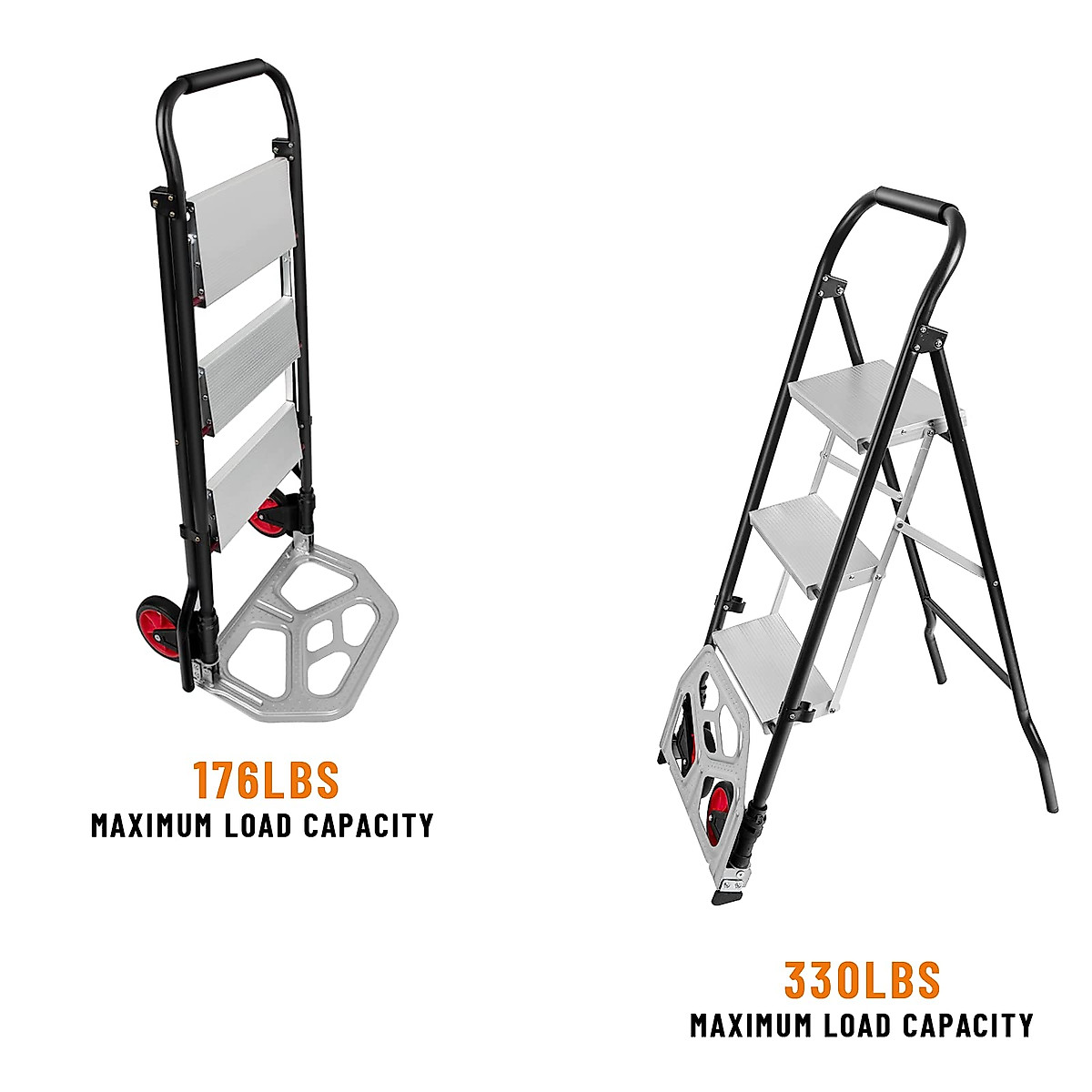 2 in 1 Aluminum Hand Truck & Ladder 3 Step Ladder Step Stool for Adults with Wide Anti-Slip Pedal and 6’’ Rubber Wheels 330lbs Capacity Sturdy Steel Ladder Portable Steel Step Stool Dolly