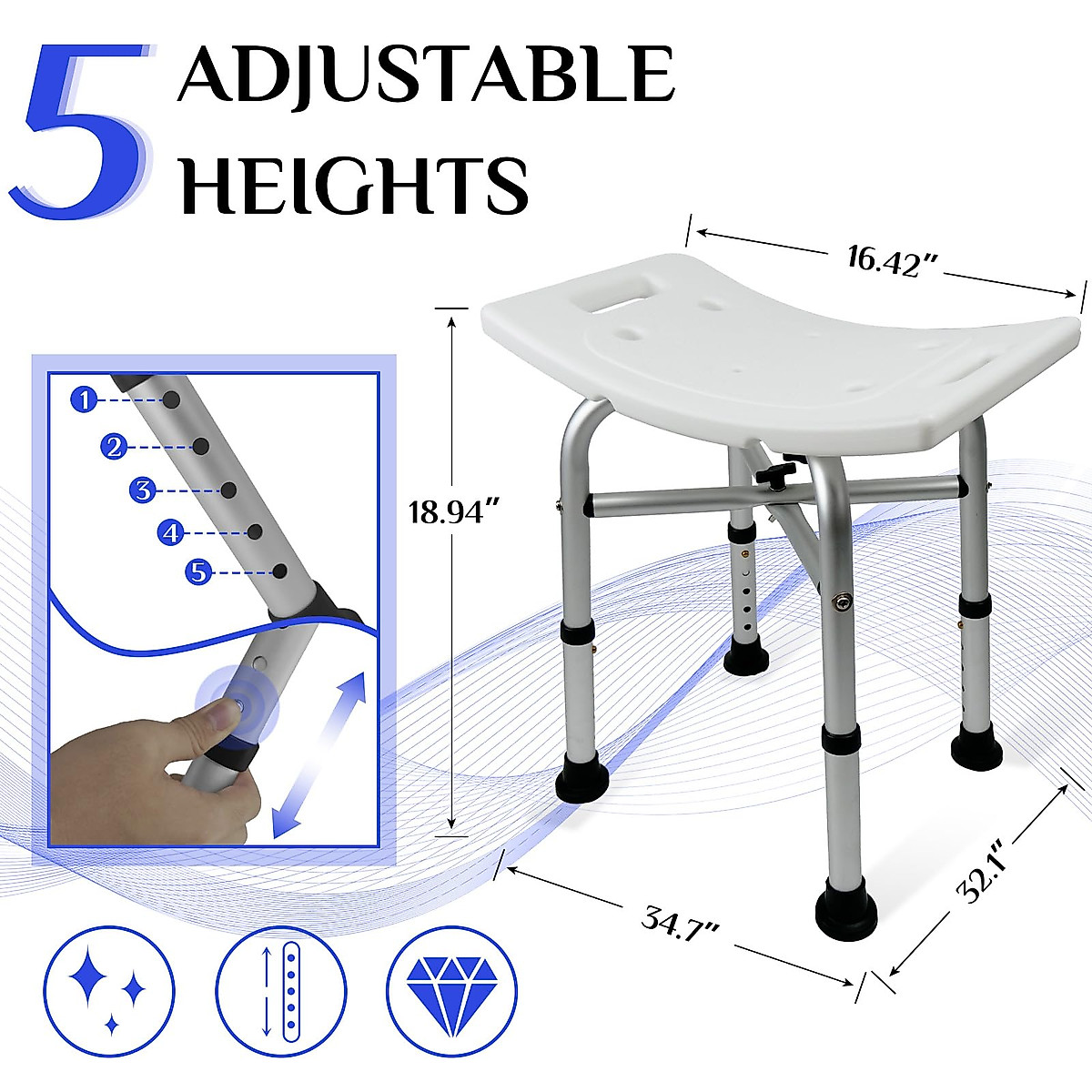 JumboTIGER Shower Stool 350lbs Bath Seat Chair, Tool-Free Assembly Height Adjustable Bath Bench with Padded Seat for Seniors, Elderly, Disabled, Handicap Stools (Shower Chair)