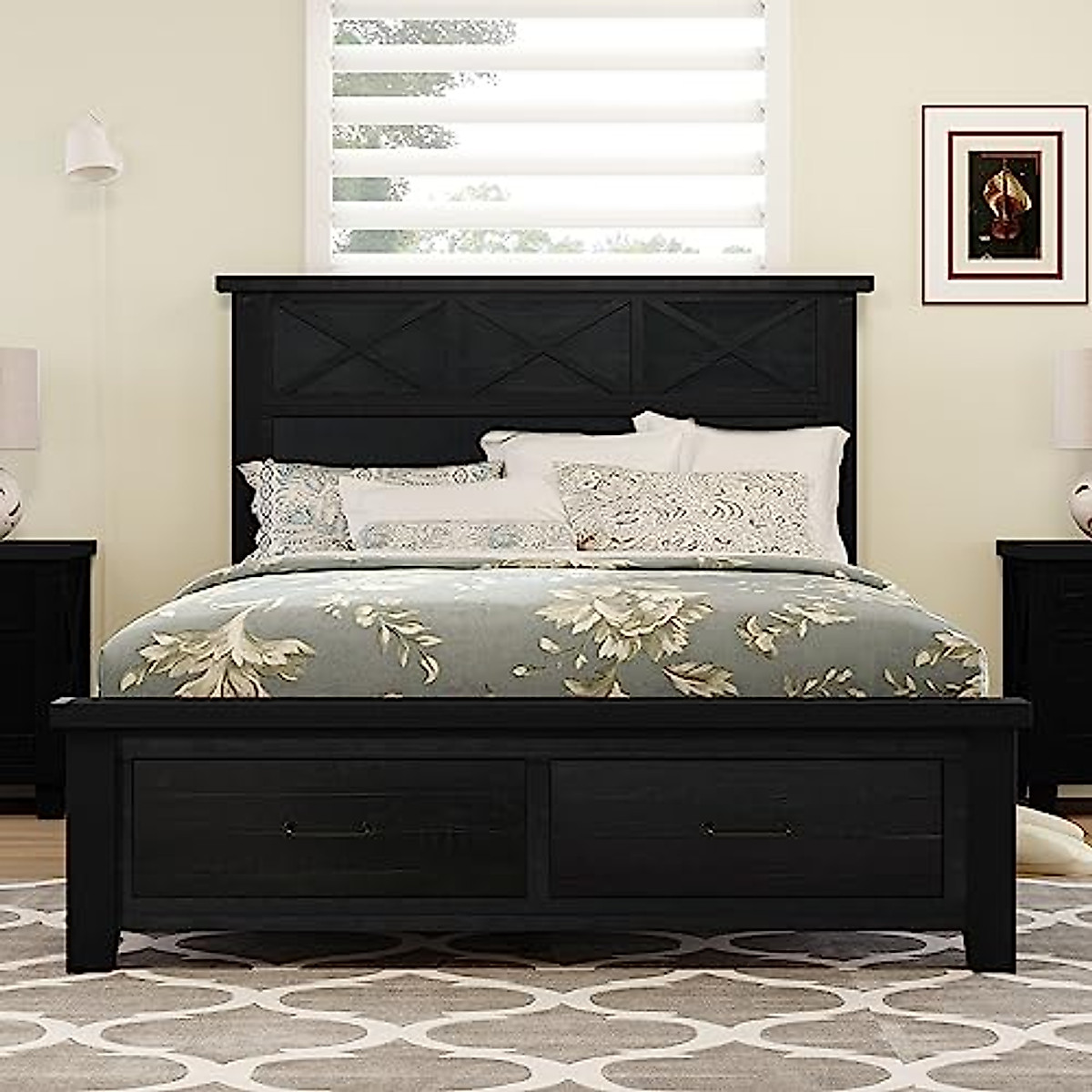 Queen Size Platform Bed, Wood Platform Beds with Two Storage Drawers & Headboard Rustic Farmhouse Style Wood Bed Frame Queen for Bed Room, No Box Spring Needed (Black)