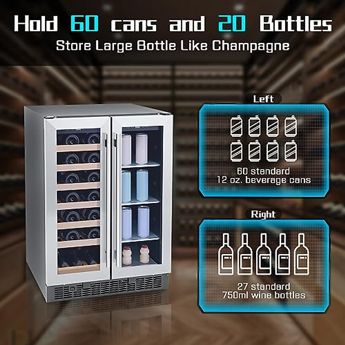 BHTOP Wine Fridge, 24" Beverage Refrigerator, Dual Zone Beverage Fridge Cooler, Holds 27 Bottles and 60 Cans, Stainless Steel French Door Digital Temperature Control, Key Lock Quiet Operation