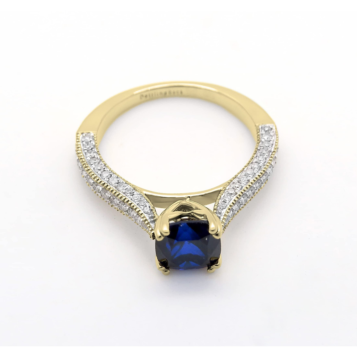 Dazzlingrock Collection 18K 6 MM Cushion Created Blue Sapphire And Round Diamond Women Ring, Yellow Gold, Size 9