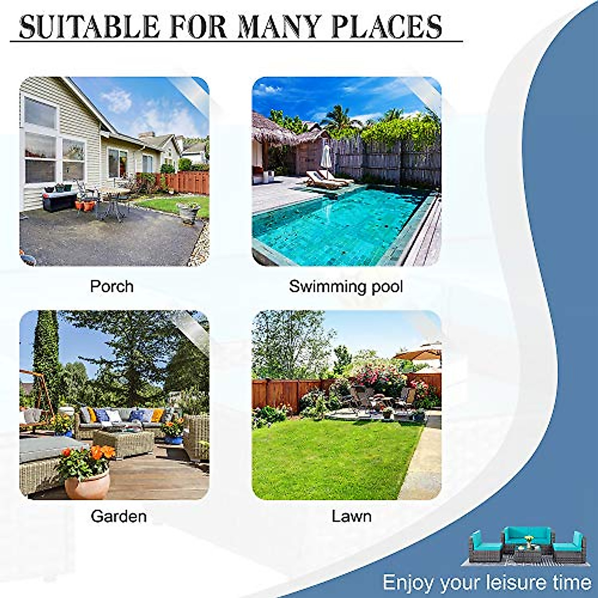 SUNLEI 5pcs Patio Outdoor Furniture Sets Conversation Set,Low Back All-Weather Rattan Sectional Sofa with Tea Table&Washable Couch Cushions(Silver Rattan)(Blue)