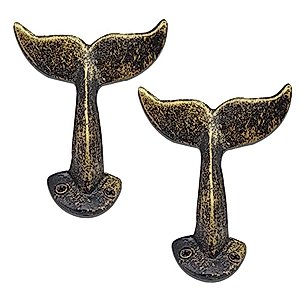 BECUTYSet of 2 Cast Iron Wall Hook-Unique Whale Tail Shape (Antique Brass Finish)